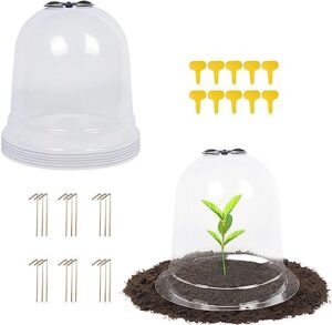 baoz 6 pack garden cloche plant bell cover humidity dome plant protector cover plastic mini greenhouse with 18pcs metal stakes and 10pcs labels for seed starter(10.24" h x 8.26" d)