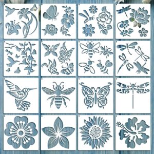 16 pieces flower stencil for painting bee sunflower butterfly spring stencil large template reusable summer painting stencil and metal open ring for diy craft on wood wall home decor(5.1 x 5.1 inch)