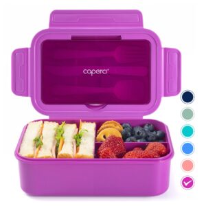 caperci classic bento lunch box for adult & older kids - leakpoof 47 oz 3-compartment lunch containers for adults and teens, built-in utensil set, ideal for on-the-go, purple