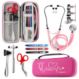 primacare kb-9397-pk stethoscope case, supplies included, pink with multiple compartments, portable and lightweight first aid kit bag with vital medical supplies, nursing accessories for nurses