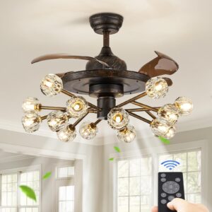 siljoy 15-light vintage ceiling fan with light, black sputnik crystal chandelier fan with remote, retractable fandelier with invisible blades for dining room living room bedroom 36 inch