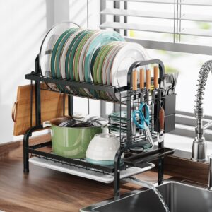 swedecor dish drying rack - 2 tier dish rack rust resistant small dish drainer with drain spout and 4 hooks utensil holder for kitchen countertop saving space, black