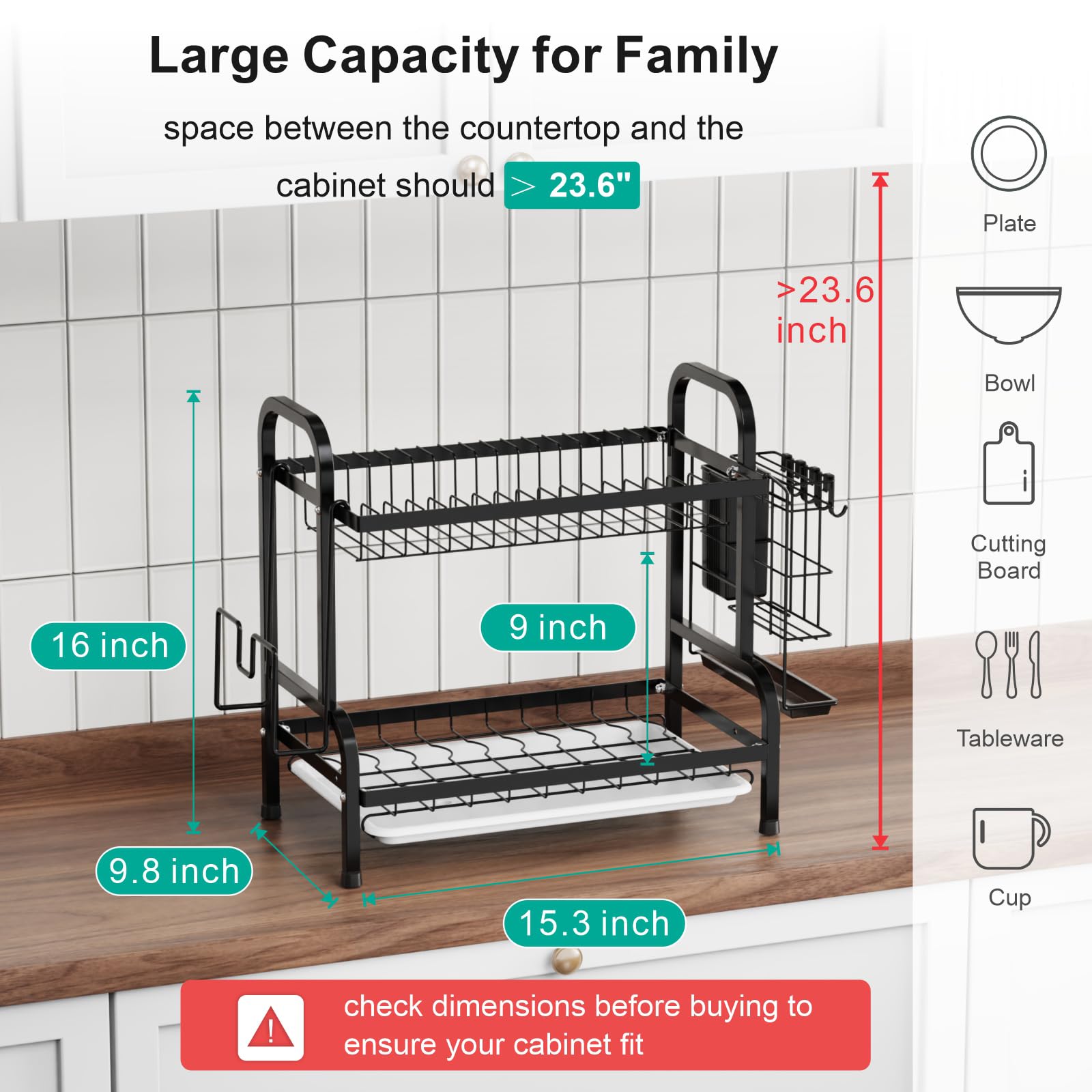 Swedecor Dish Drying Rack - 2 Tier Dish Rack Rust Resistant Small Dish Drainer with Drain Spout and 4 Hooks Utensil Holder for Kitchen Countertop Saving Space, Black