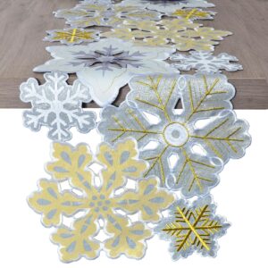 grelucgo machine embroidered and hand cut silver and gold winter snowflakes table runner for christmas holiday (14 x 120 inches)