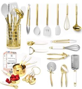 gold cooking utensils with gold measuring cups and spoons set - 23 piece luxe white and gold kitchen accessories include gold metal measuring cups and spoons set and white and gold kitchen utensils