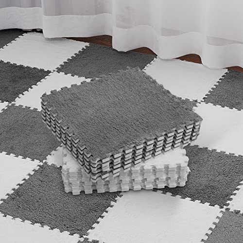 Flutesan 15 Pcs Plush Puzzle Foam Floor Mat Square Interlocking Carpet Tiles with Border Soft Fluffy Play Mat Flooring Climbing Area Rugs for Home Playroom Parlor Decor 11.8''(White, Gray)