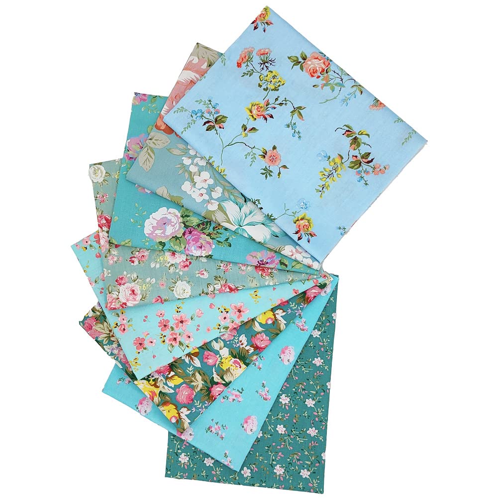 Cartisanat Fat Quarters Fabric Bundles, 8 Pcs (20in x 20in / 50cm x 50cm) Sewing Patterns Quarter Precut Fabrics for Quilting Squares Sheets, Premium Cotton Bundle Patchwork DIY Crafting, Blue Floral