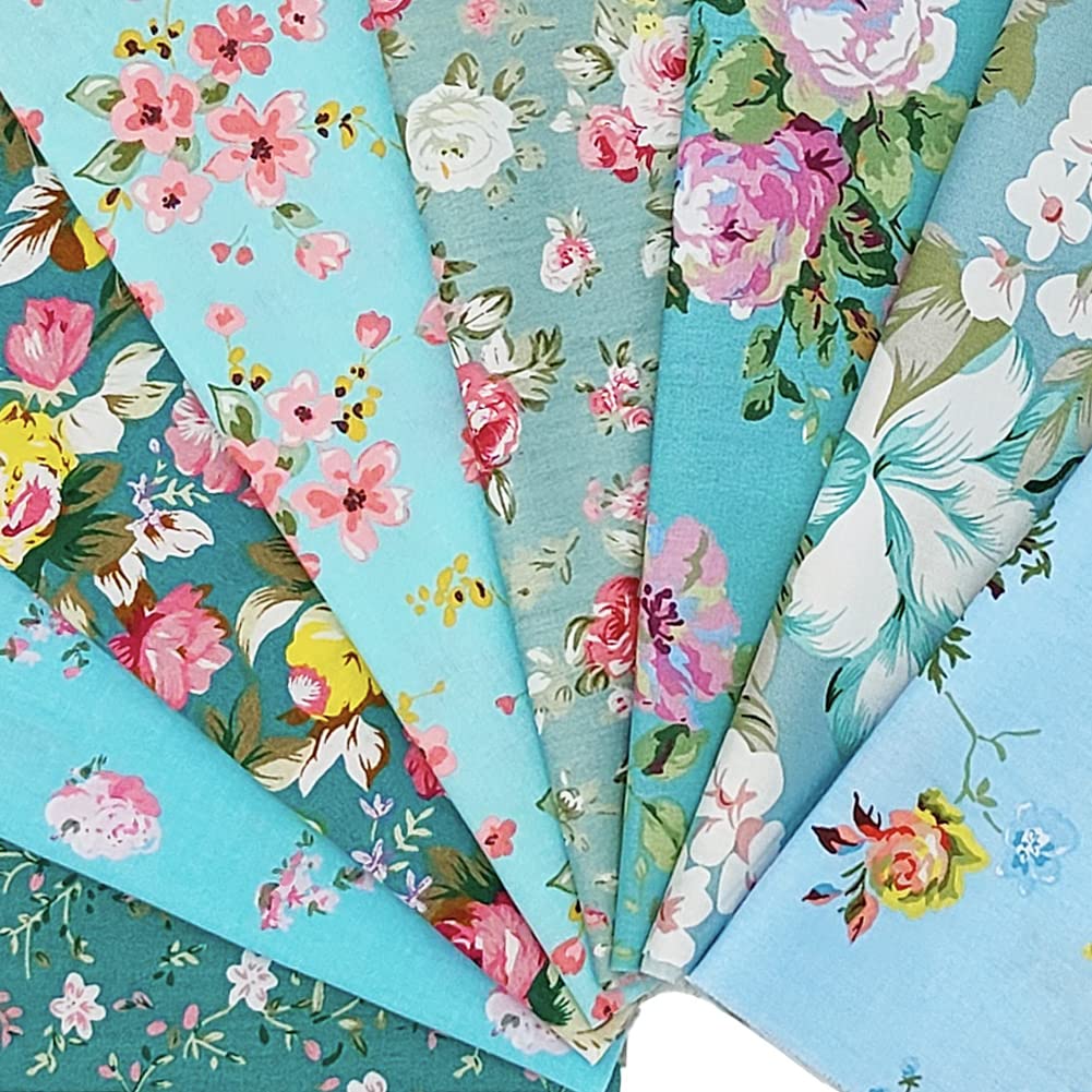 Cartisanat Fat Quarters Fabric Bundles, 8 Pcs (20in x 20in / 50cm x 50cm) Sewing Patterns Quarter Precut Fabrics for Quilting Squares Sheets, Premium Cotton Bundle Patchwork DIY Crafting, Blue Floral