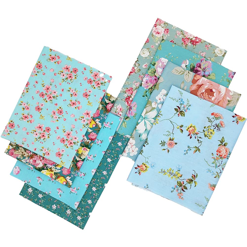 Cartisanat Fat Quarters Fabric Bundles, 8 Pcs (20in x 20in / 50cm x 50cm) Sewing Patterns Quarter Precut Fabrics for Quilting Squares Sheets, Premium Cotton Bundle Patchwork DIY Crafting, Blue Floral