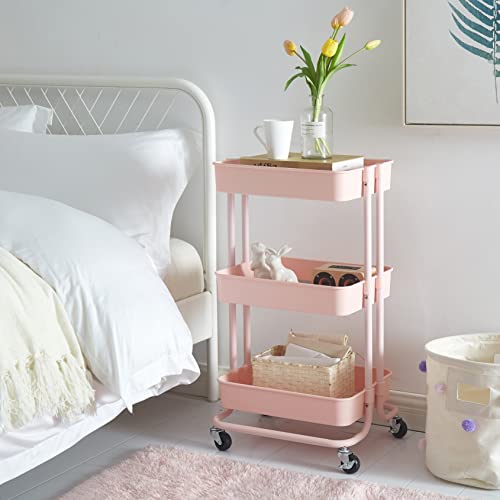 Urban Lifestyle Plastic 3 Tier Rolling Storage Cart, Blush