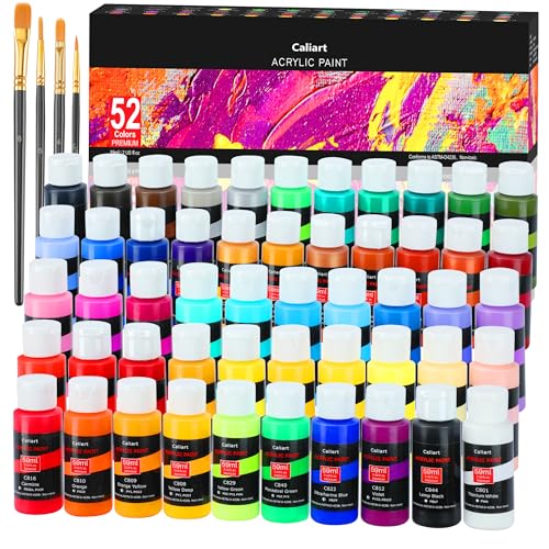 Caliart Acrylic Paint Set With 4 Brushes, 52 Colors (59ml, 2oz) Art Craft Paints for Artists Kids Students Beginners & Painters, Canvas Halloween Pumpkin Ceramic Wood Rock Painting Art Supplies Kit