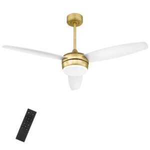 youkain modern ceiling fan, 52 inch gold ceiling fan with light and remote control, led ceiling fan with 3 white blades for living room, bedroom, bathroom, 52-yj273-wh