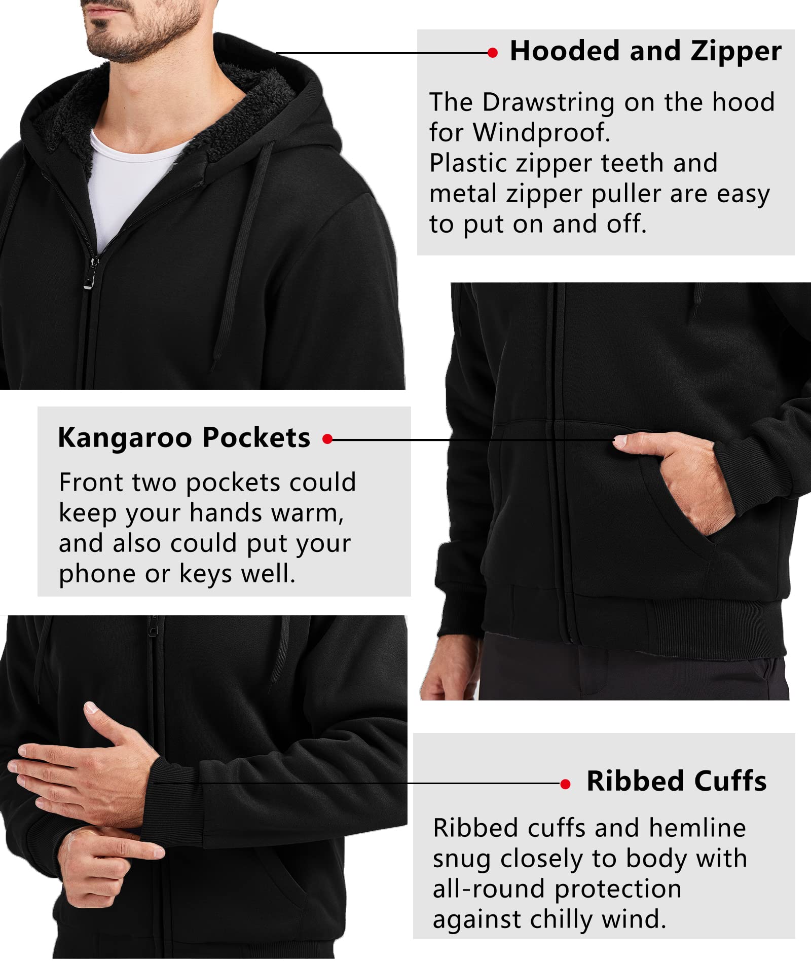 V VALANCH Men Hoodies Zip Up Sherpa Lined Sweatshirt Heavyweight Thick Warm Fleece Winter Jacket Coat, Black XL