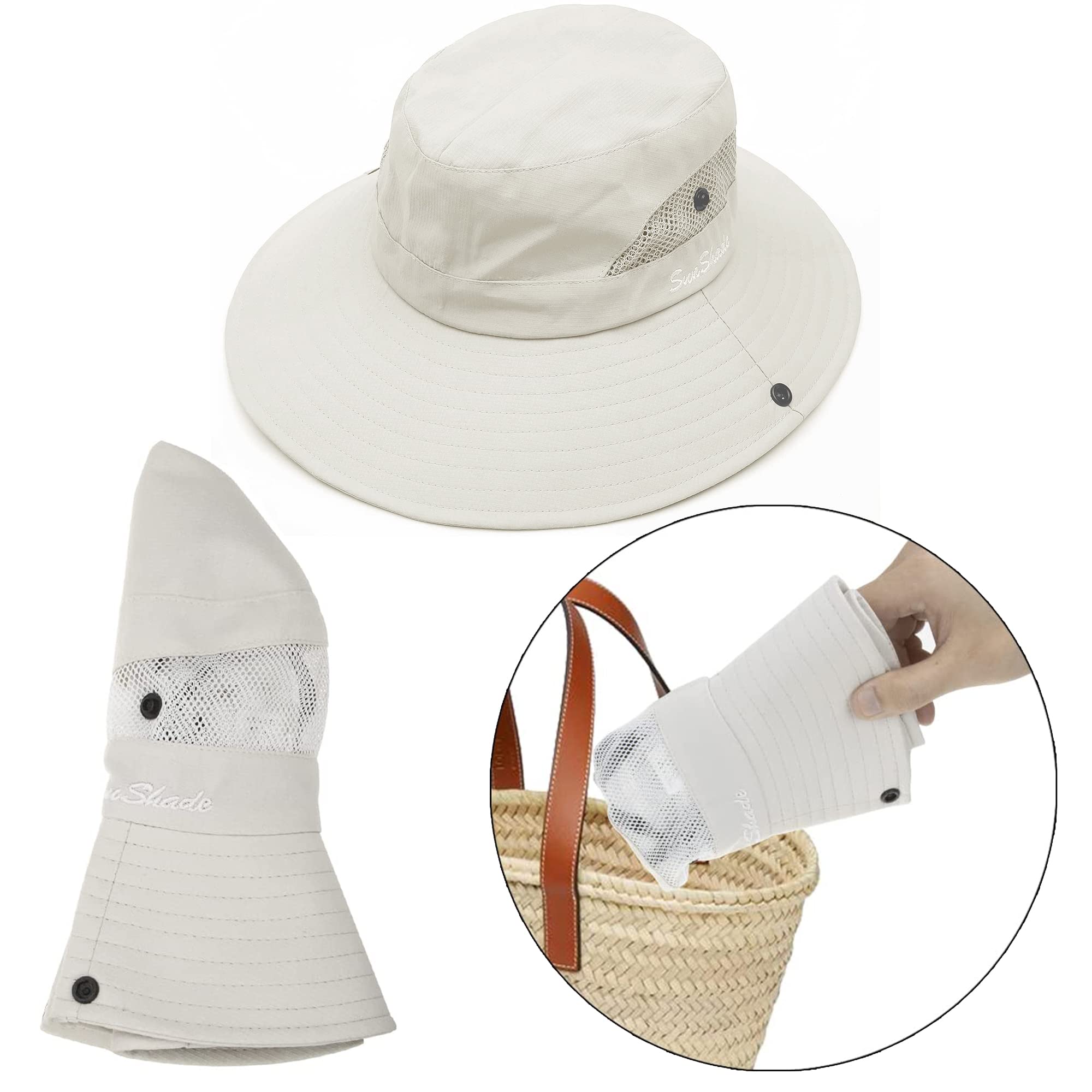 Sun Hats Women UV-Sheild-Protection Packable with Ponytail Hole (Beige with Ponytail Hole)