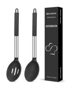 2 pcs silicone cooking spoons, solid and slotted spoon set, non-stick bpa free heat-resistant basting kitchenware for soup, serving, draining, stirring（black）