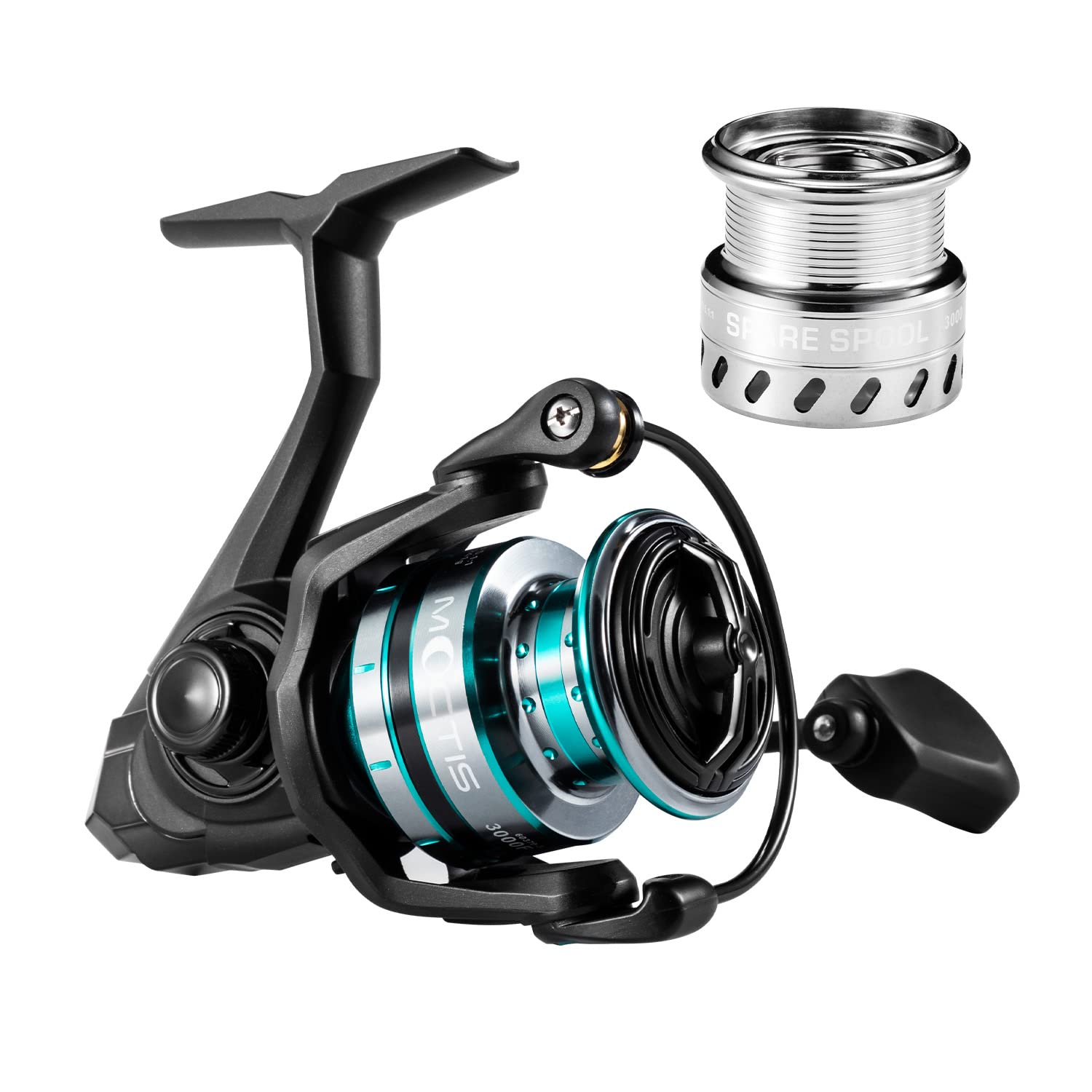 Mifine Moctis Fishing Reels Spinning with Spare Aluminum Shallow Spool, Ultralight Open Face Saltwater Freshwater Reel(Black Teal,Size 1000)