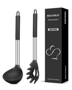 silicone pasta fork and soup ladle set, non-stick bpa free heat-resistant handy kitchen utensils for cooking, serving, draining, stirring (black)