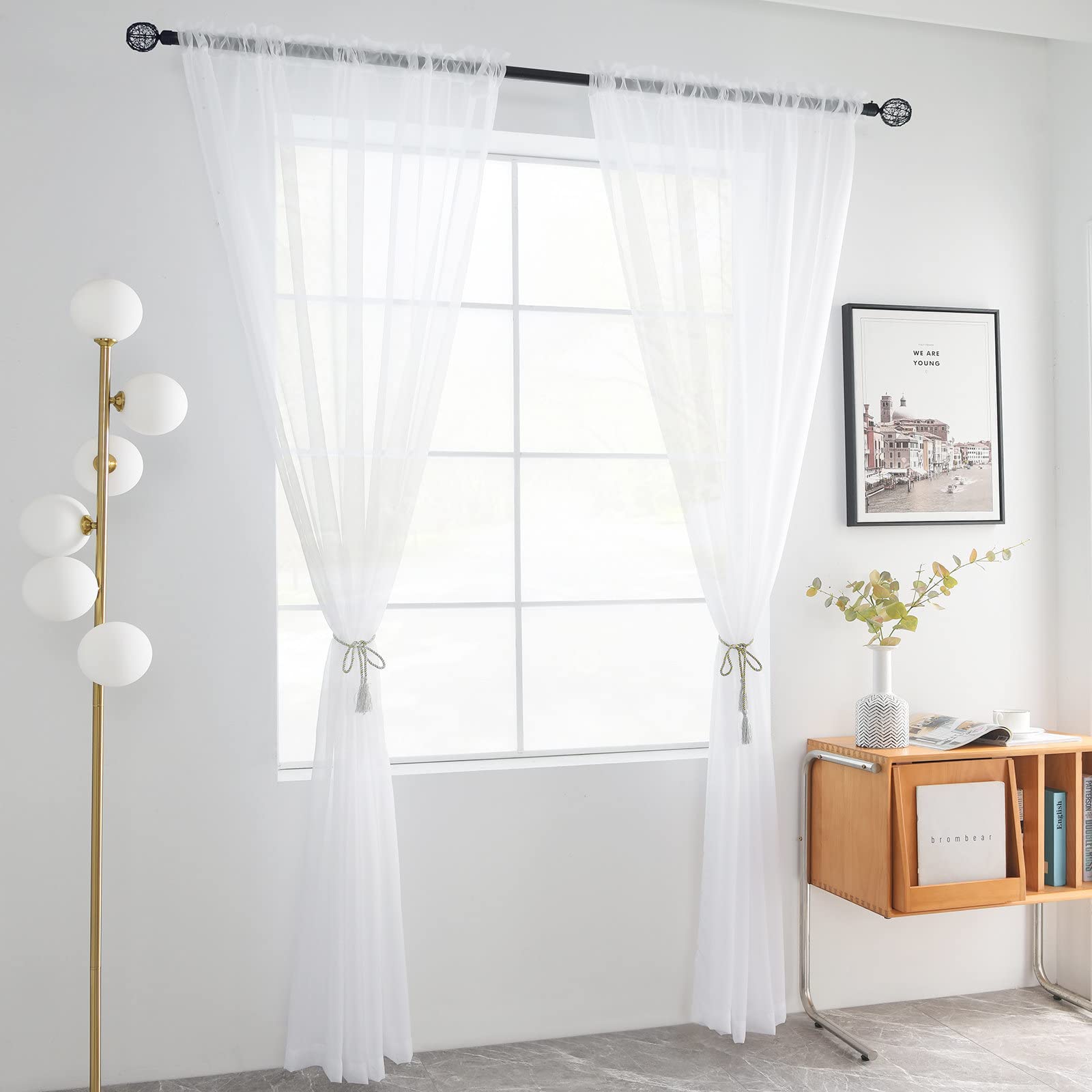 youleyar Solid Sheer Rod Pocket Curtain Voile Draperies 2 Panels White Beige Black Grey Ivory 52 Inch Width 84 Inch Long 1 Pair for Kitchen Bedroom Children Living Room Yard(White,52" Wｘ84 L)