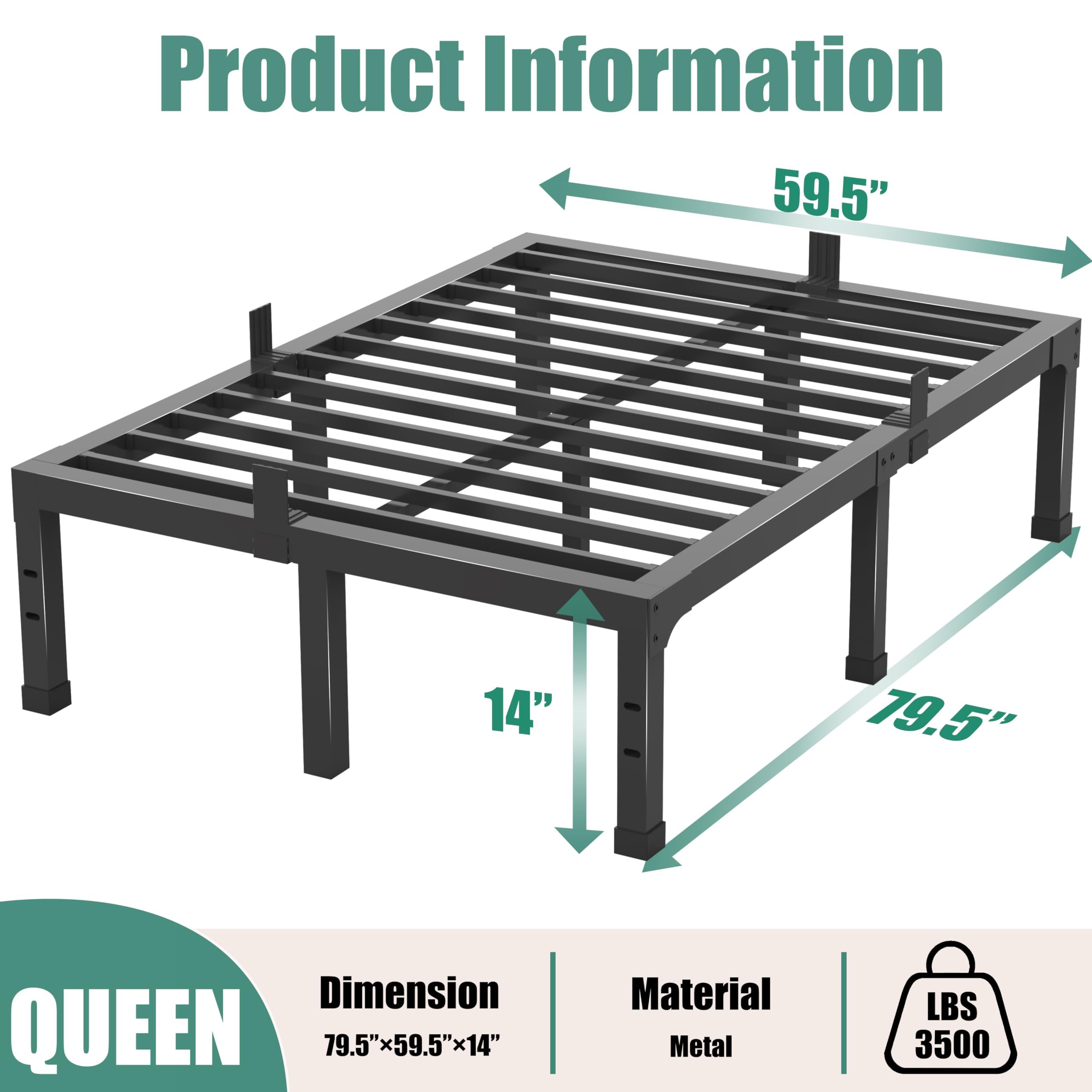 Yitong Angel 14 Inch Queen Size Bed Frame,3500 lbs Heavy Duty Metal Platform, Mattress Foundation with Steel Slat Support/No Box Spring Needed/Noise Free/Non-Slip/Easy Assembly