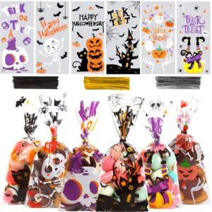 diyasy 180 pack halloween cellophane treat bags, plastic goodie candy bag for kids clear goody snack bags bulk party favors with 210 twist ties