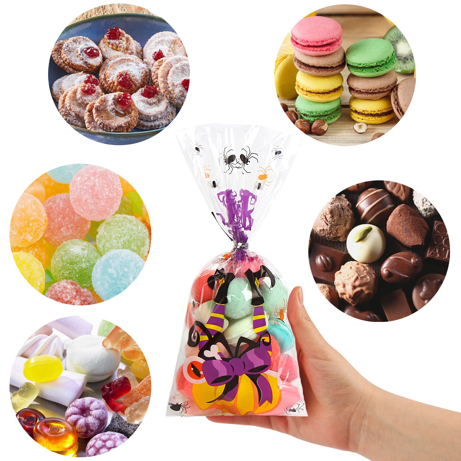 DIYASY 180 Pack Halloween Cellophane Treat Bags, Plastic Goodie Candy Bag for Kids Clear Goody Snack Bags Bulk Party Favors with 210 Twist Ties