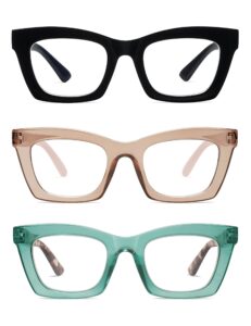 amomoma 3 pack trendy oversized blue light stylish readers for women,retro square cute sturdy computer womens reading glasses am6042 black+brown+green 1.5