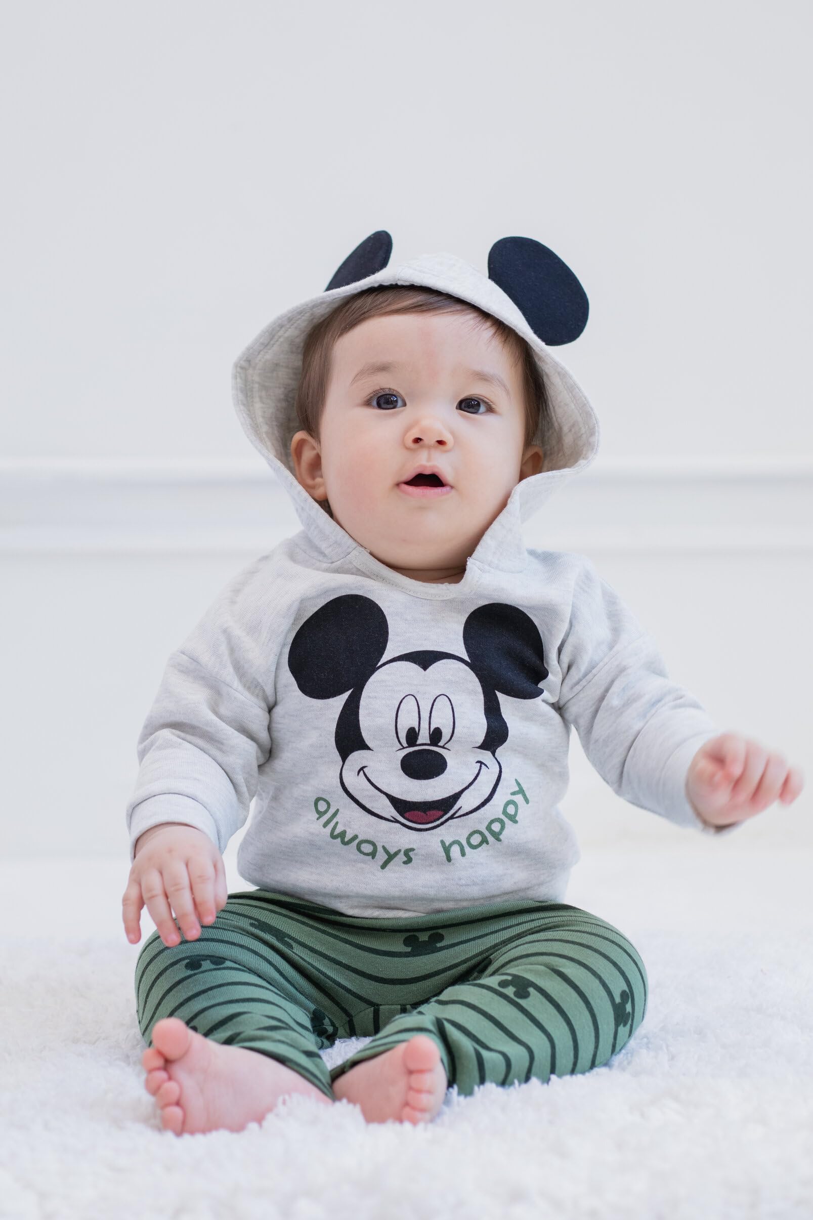 Disney Mickey Mouse Infant Baby Boys or Girls 3 Piece Outfit Set: Pants Hoodie Bodysuit Grey/White 18 Months