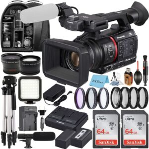 panasonic ag-cx350 4k professional video camcorder with 2 pack 64gb sandisk memory card + case + tripod + wideangle lens + led flash + microphone + filter kit + zeetech accessory bundle