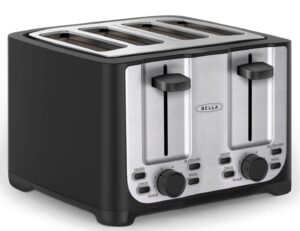 bella 4 slice toaster with auto shut off - extra wide slots & removable crumb tray and cancel, defrost & reheat function - toast bread & bagel, black