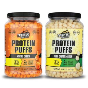 twin peaks low carb, keto friendly protein puffs combo pack, 1 jug sour cream flavor puffs + 1 jug nacho cheese flavor puffs