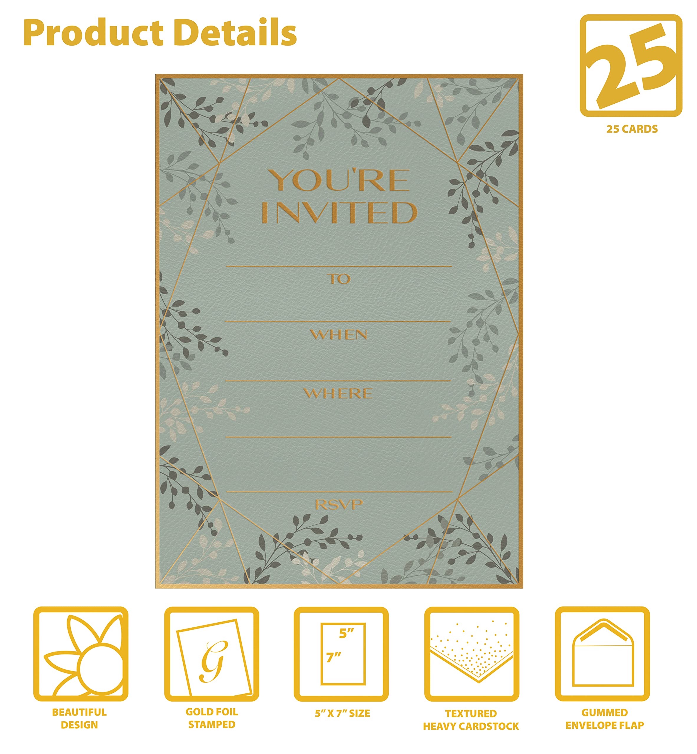 Better Office Products 25 Pack Party Invitations with Envelopes, Cardstock with Metallic Gold Foil Lettering, Bulk Set, 5x7 Inch, Fill in the Blank Notecards, for Weddings, Showers & All Occasions