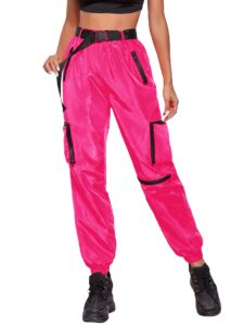 makemechic women's casual plain mid waist utility cargo pants jogger pants with belt hot pink xl