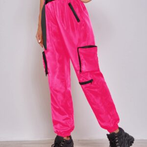 MakeMeChic Women's Casual Plain Mid Waist Utility Cargo Pants Jogger Pants with Belt Hot Pink XL