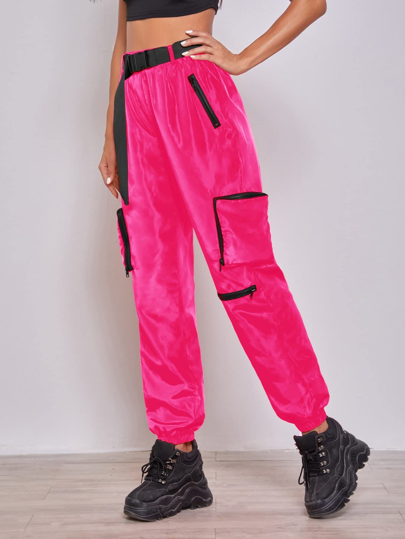 MakeMeChic Women's Casual Plain Mid Waist Utility Cargo Pants Jogger Pants with Belt Hot Pink XL