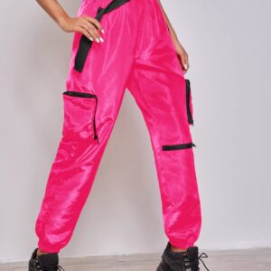 MakeMeChic Women's Casual Plain Mid Waist Utility Cargo Pants Jogger Pants with Belt Hot Pink XL