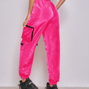 MakeMeChic Women's Casual Plain Mid Waist Utility Cargo Pants Jogger Pants with Belt Hot Pink XL