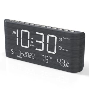 digital wooden alarm clock with dual alarm,weekday/weekend mode,adjustable volume,humidity & temperature detect,2-100% dimmer,12/24h,snooze,2 usb chargers,battery backup, loud alarm clock for bedroom