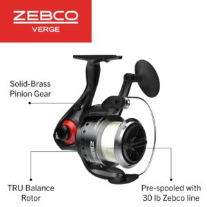 Zebco Verge Spinning Fishing Reel, Size 80 Reel, Changeable Right- or Left-Hand Retrieve, Pre-Spooled with 30-Pound Zebco Fishing Line, All-Metal Gears, TRU Balance Rotor, Black