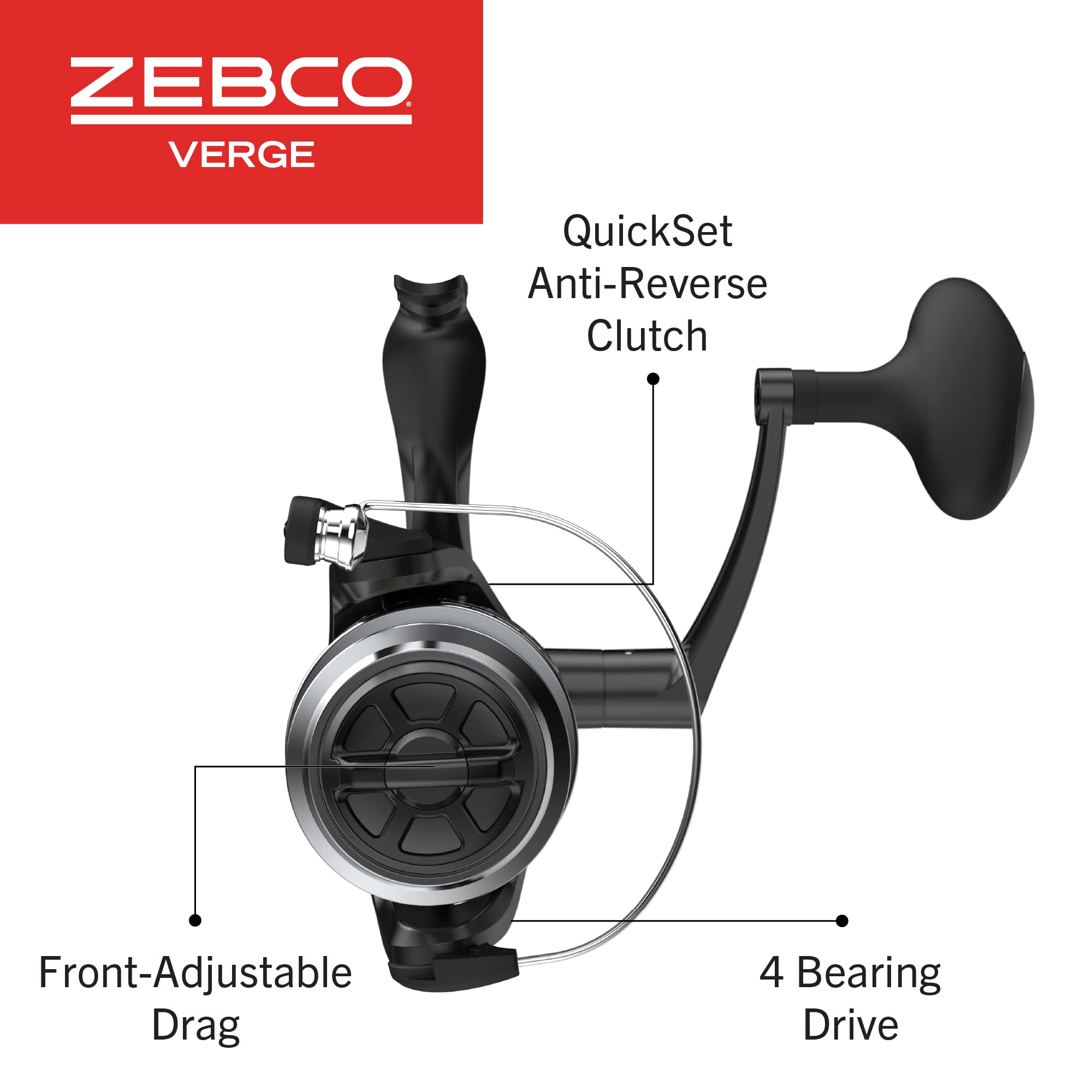 Zebco Verge Spinning Fishing Reel, Size 80 Reel, Changeable Right- or Left-Hand Retrieve, Pre-Spooled with 30-Pound Zebco Fishing Line, All-Metal Gears, TRU Balance Rotor, Black