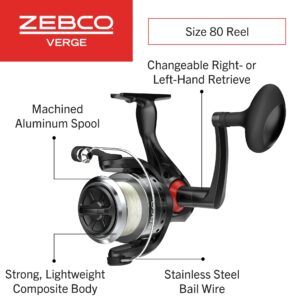 Zebco Verge Spinning Fishing Reel, Size 80 Reel, Changeable Right- or Left-Hand Retrieve, Pre-Spooled with 30-Pound Zebco Fishing Line, All-Metal Gears, TRU Balance Rotor, Black