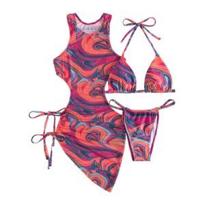 3 piece swimsuit for women sexy cutout mesh high neck beach cover up, padded floral print string bikini sets (l, red)