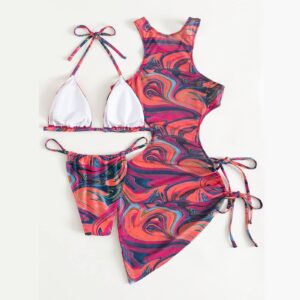 3 piece swimsuit for women Sexy Cutout Mesh High Neck Beach Cover Up, Padded Floral Print String Bikini Sets (L, Red)