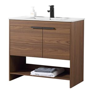 bathroom vanity with integrated ceramic sink - bathroom vanity with sink & modern knob design - bathroom vanities with sturdy marble top & soft closing doors (36 inch) walnut