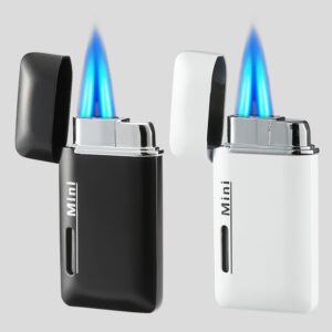 cponmist 2 pack mini butane lighter, double jet torch lighter with visible window, refillable and adjustable pocket lighter, great little gift for men and women, black and white (without gas)