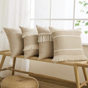 Topfinel Neutral Decorative Throw Pillow Covers 18 x 18 Set of 4,Beige Boho Pillows for Couch Sofa Bed Living Room,Rustic Burlap Linen Cushion Cover Bohemia Home Decor(Square 18 Inches/45 x 45 cm