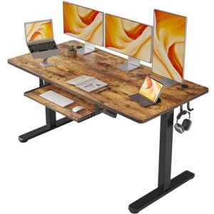 fezibo standing desk with keyboard tray, 55 × 24 inches electric height adjustable desk, sit stand up desk, computer office desk, rustic brown