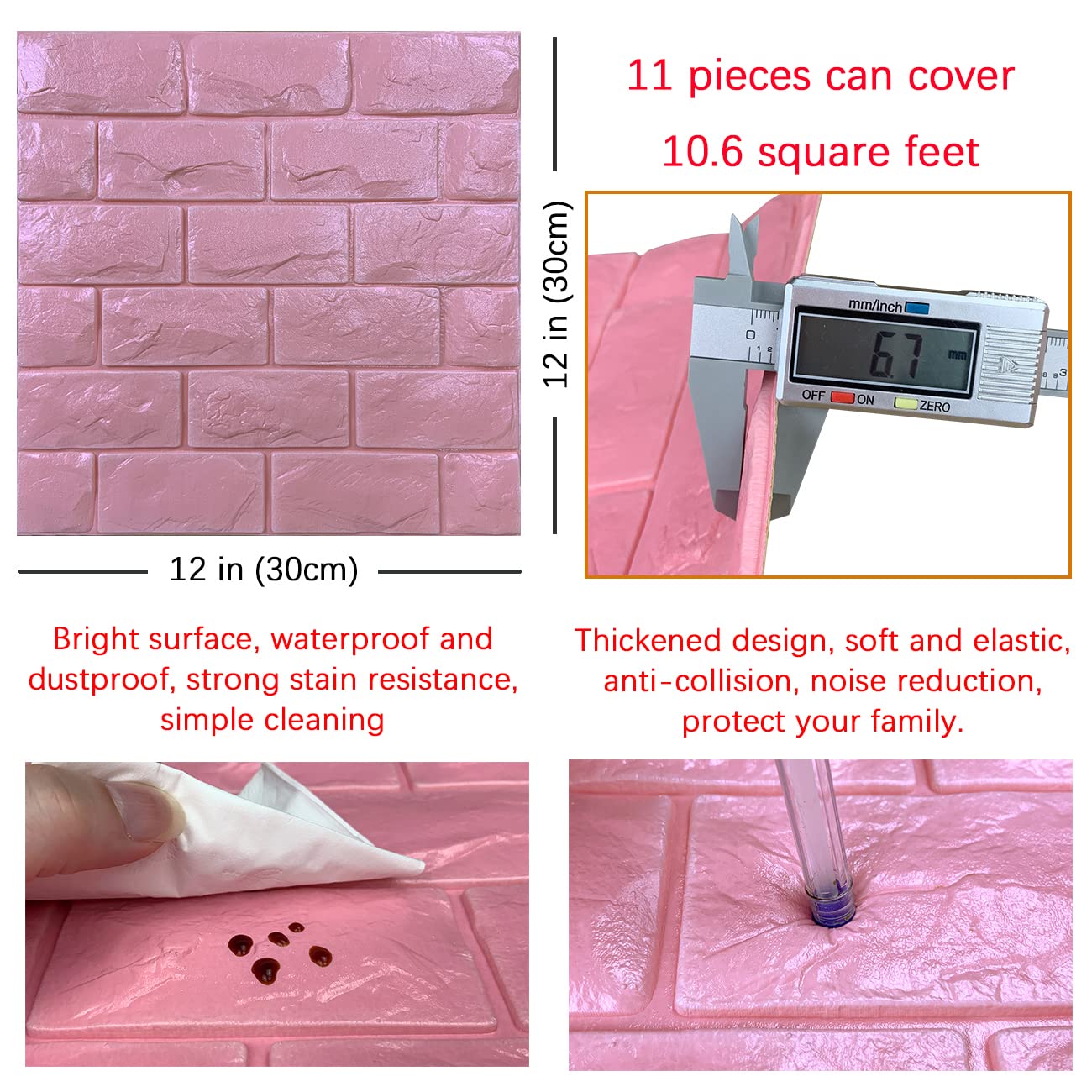 11PCS 3D Wall Panels Peel and Stick Faux Brick Wallpaper Pink Self Adhesive Foam Brick Paneling Faux Stone Wall Panels (11PCS, Pink)