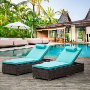 outdoor pe wicker chaise lounge - 2 piece patio brown rattan reclining chair furniture set beach pool adjustable backrest recliners with side table and comfort head pillow (white+brown + rattan)