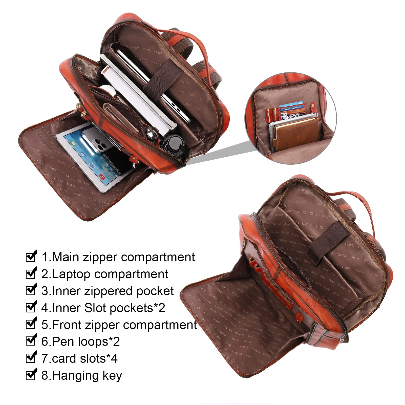 CLUCI Genuine Leather Laptop Backpack for Women 15.6 inch Computer Bag Travel Vintage Daypack Business Bags Red-brown