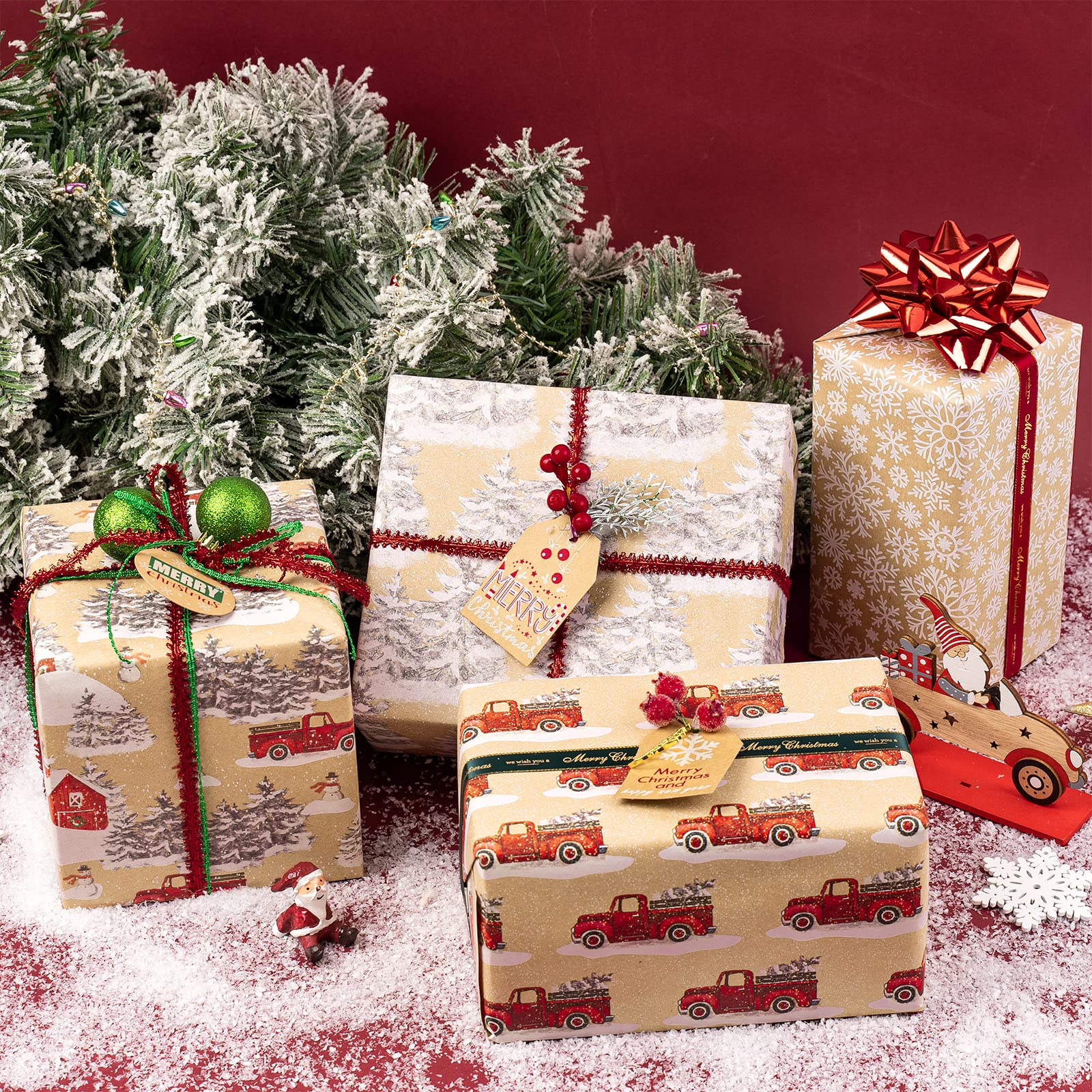 RUSPEPA Christmas Wrapping Paper, Kraft Paper - Snowflake, Snowman, Red Truck and Christmas Tree - 4 Rolls - 30 inches x 10 feet per Roll